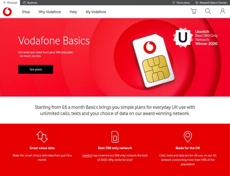 Vodafone Basics SIM Only: 16GB For £7, 50GB For £8 & 70GB For £9