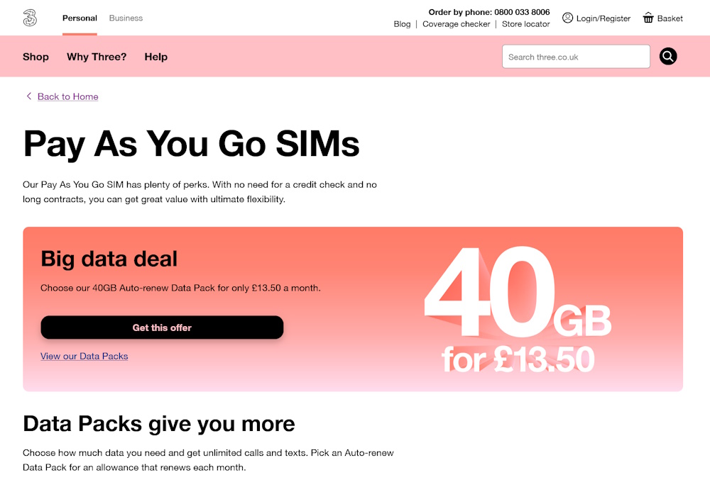 Three Pay As You Go Bundles: Data Packs from £10 With Roaming