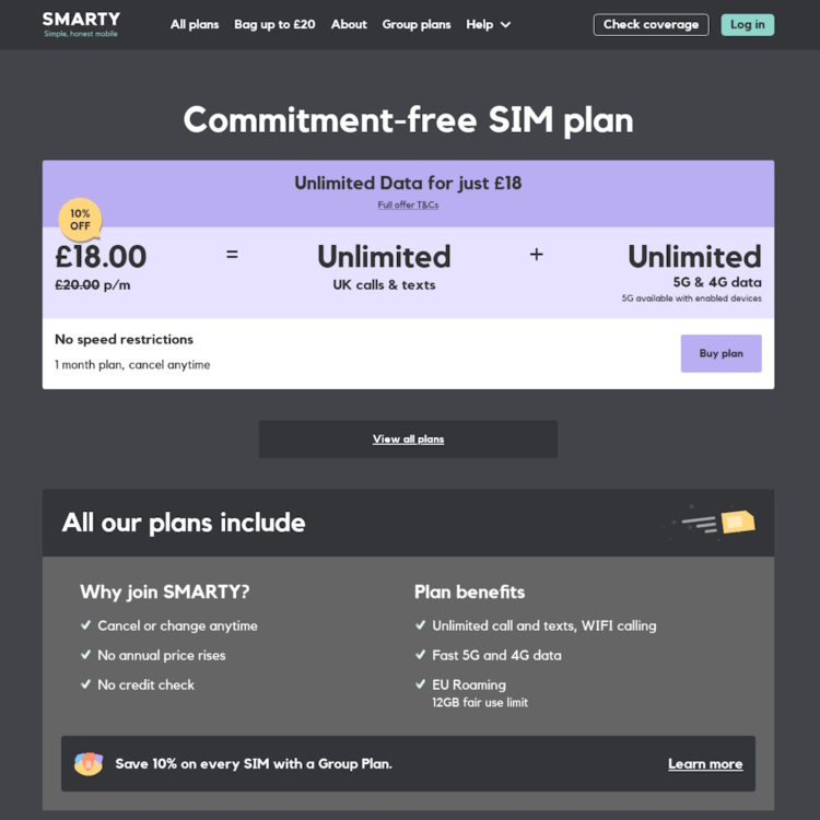 SMARTY's £18 Unlimited Data SIM: No Contract & 5G Coverage