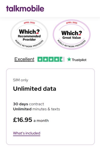 Talkmobile £16.95 Unlimited Data (30 Days): With Vodafone Coverage