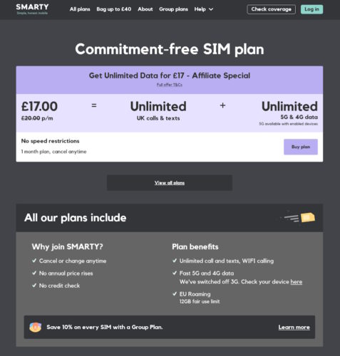 SMARTY's £17 Unlimited Data SIM: No Contract & 5G Coverage