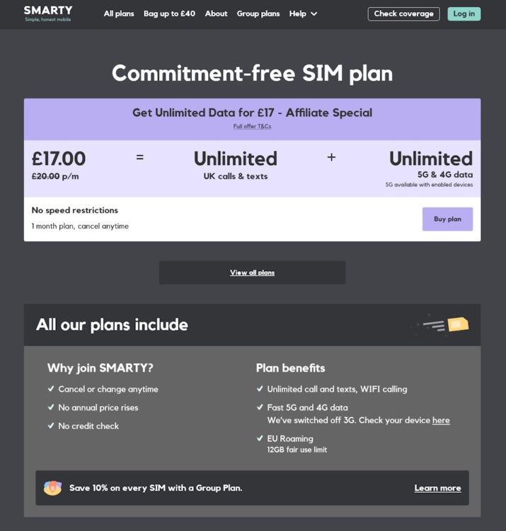 SMARTY's £17 Unlimited Data SIM: No Contract & 5G Coverage