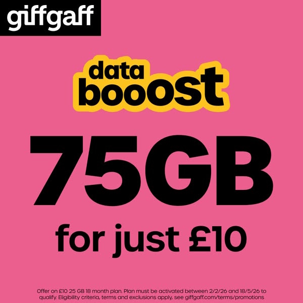 giffgaff Data Boosts: 75GB for £10, 150GB for £12 & 300GB for £15